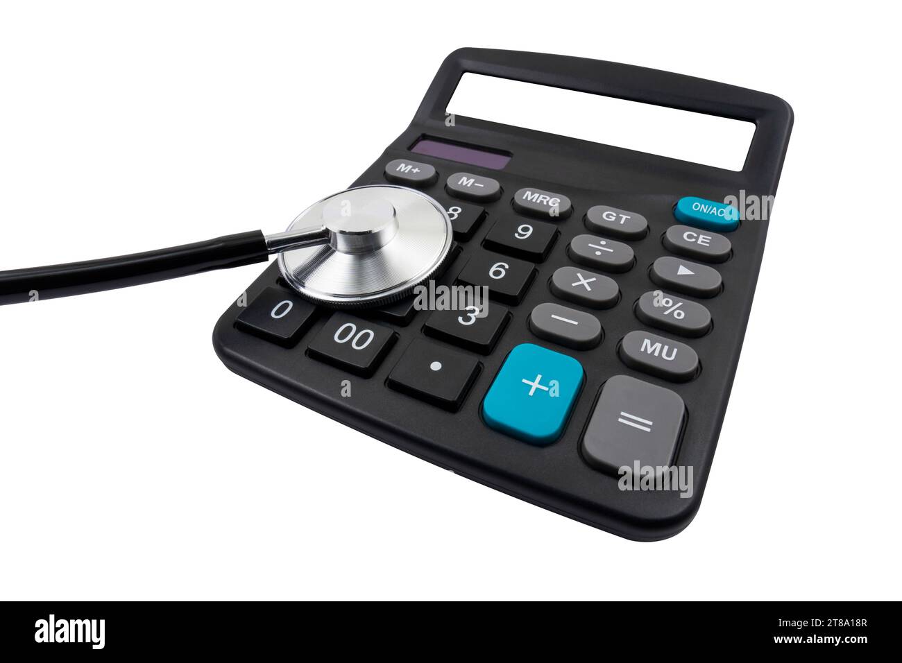 Calculator with blank screen and medical stethoscope isolated on white ...
