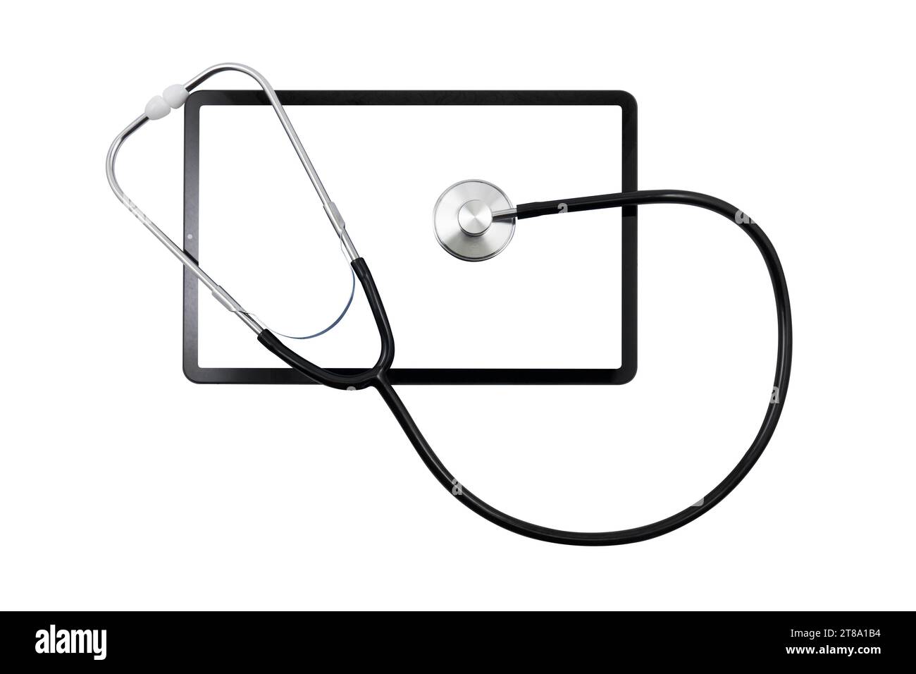 Tablet PC with blank screen and medical stethoscope isolated on white ...