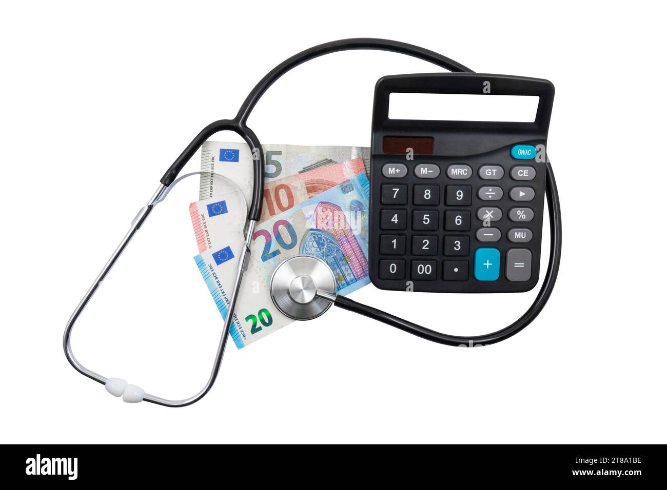 Medical stethoscope, calculator and money (euro) isolated on white ...