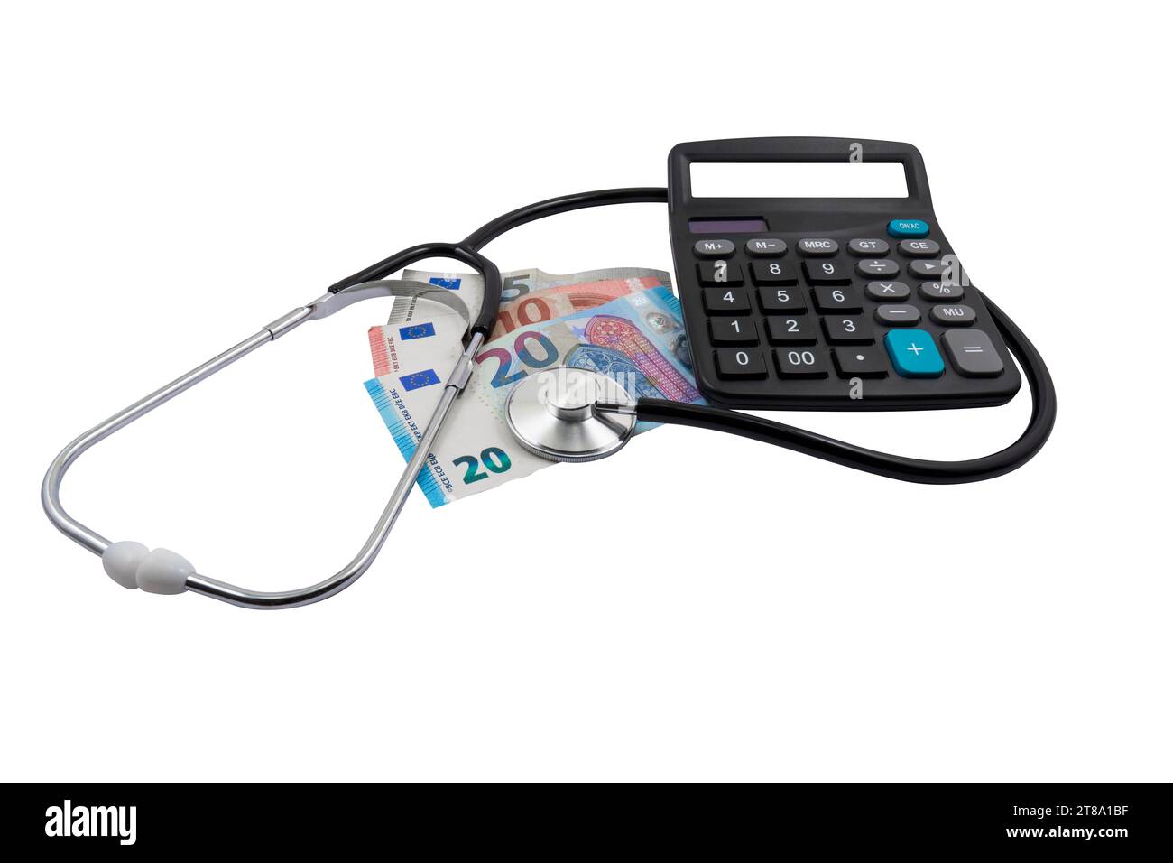Medical stethoscope, calculator and money (euro) isolated on white ...