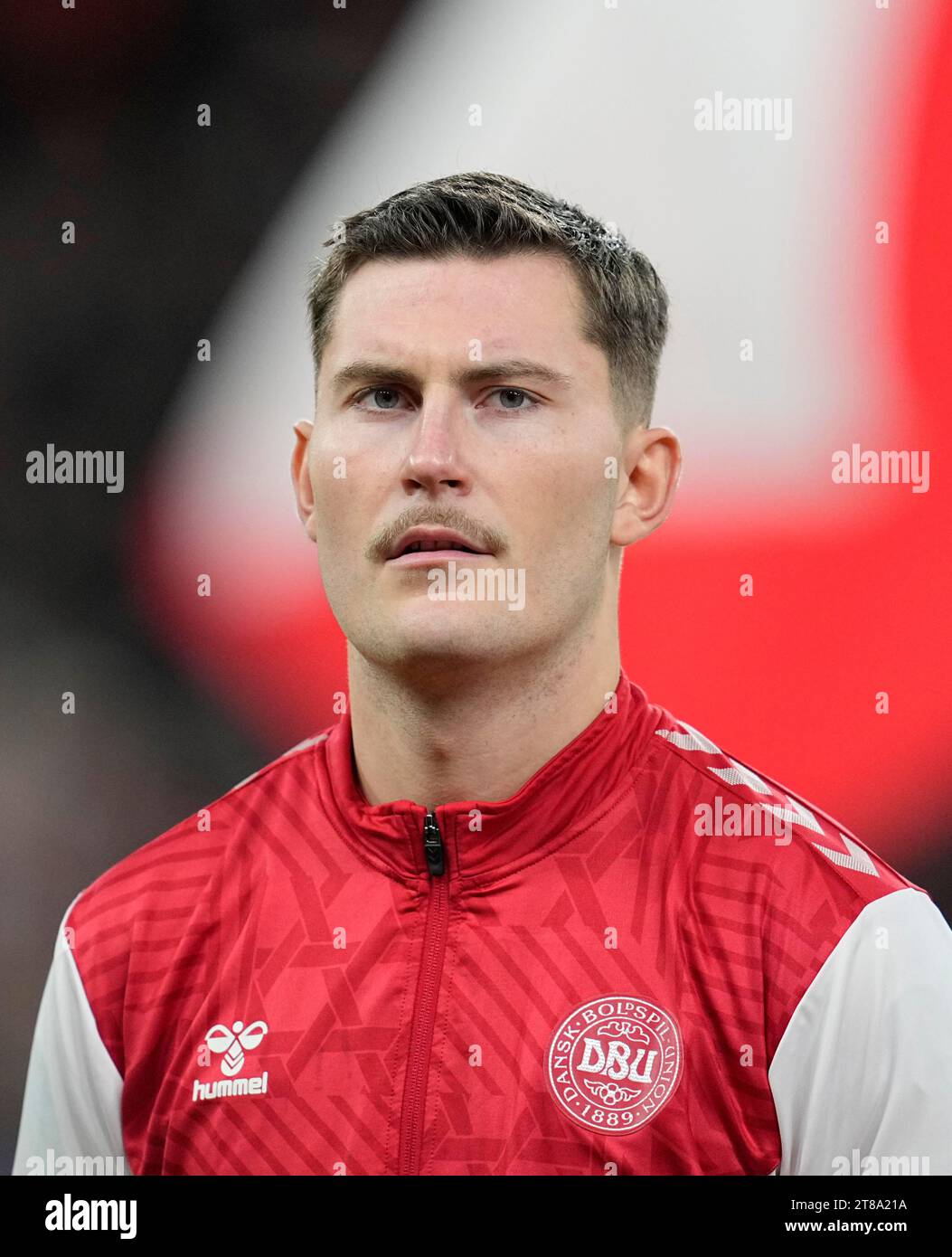 Parken, Copenhagen, Denmark. 17th Nov, 2023. Jonas Wind (Denmark) looks ...