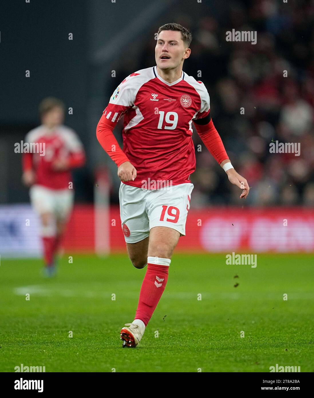 Parken, Copenhagen, Denmark. 17th Nov, 2023. Jonas Wind (Denmark) looks ...