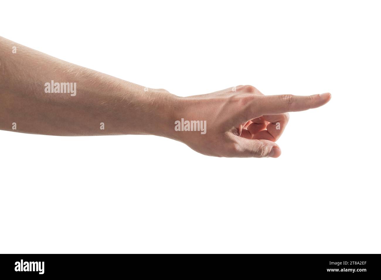 Man hand pointing with left index finger isolated on white background ...