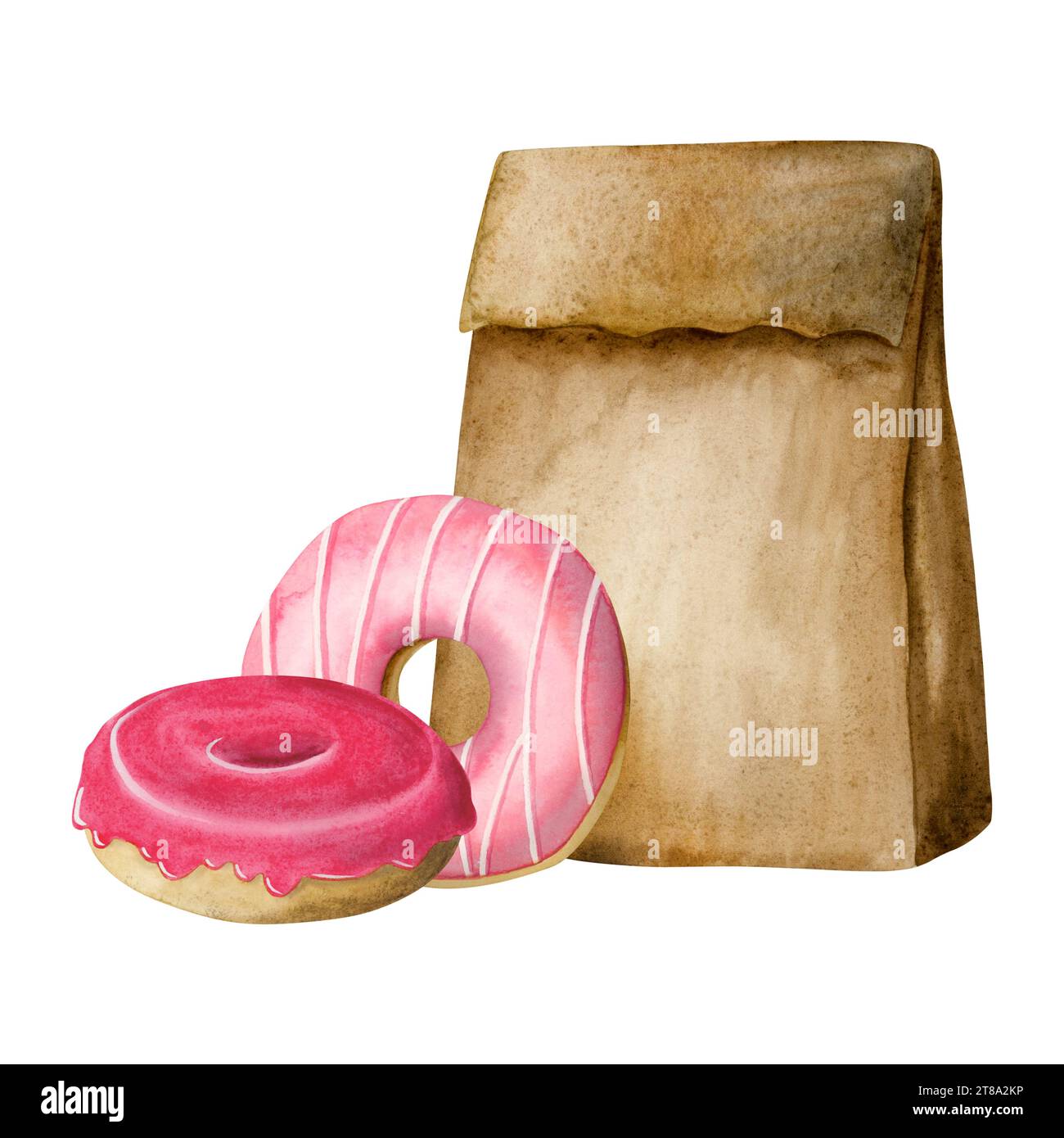 Pink donuts with glaze and takeaway paper bag watercolor illustration ...