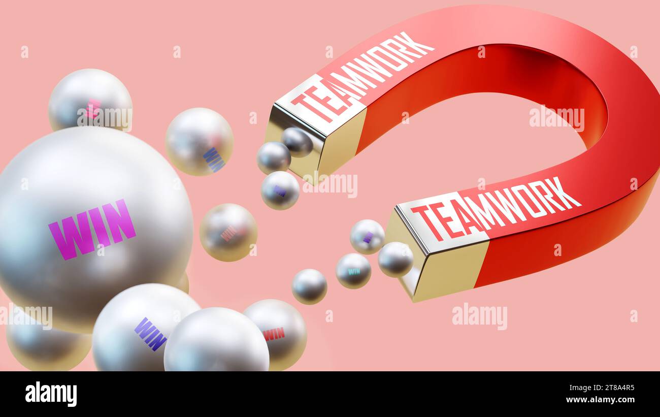 Teamwork which brings Win. A magnet metaphor in which teamwork attracts ...