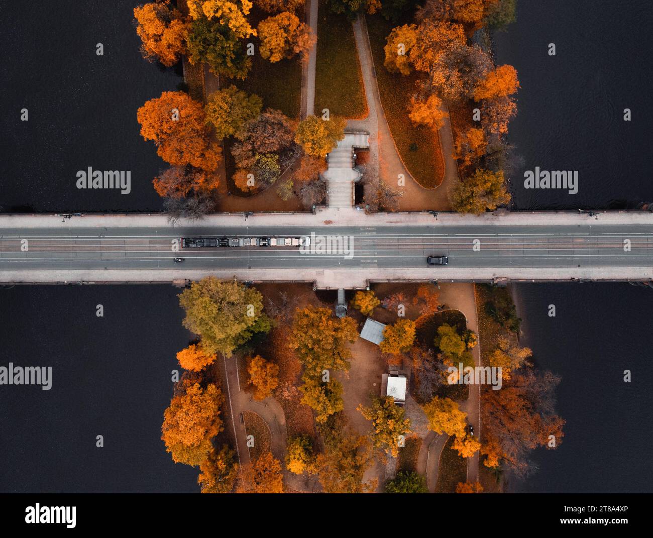 Top view shot of bridge (road) over the colorful Strelecky Island with ...