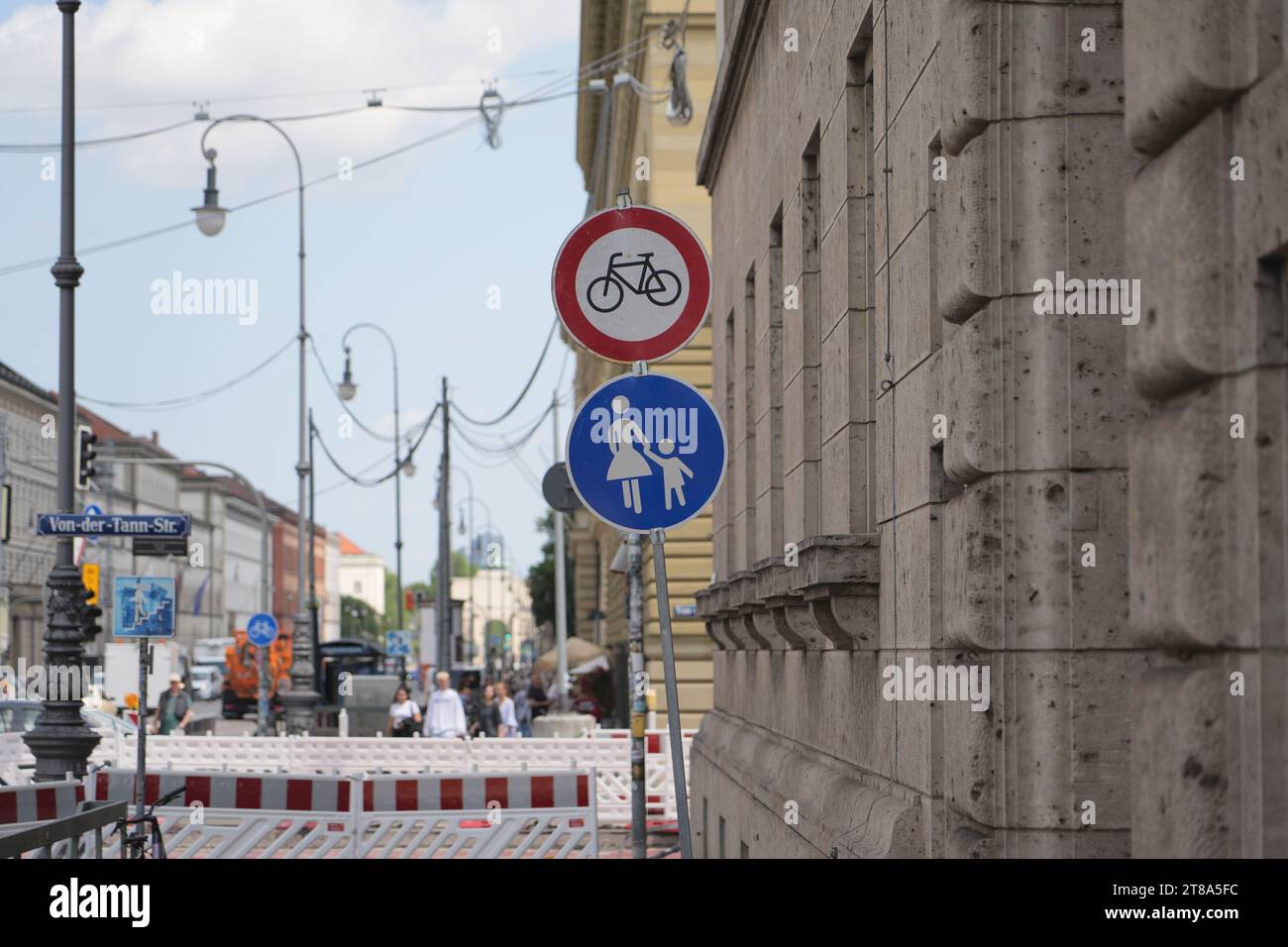 Road sign on the street, pedestrian crossing, no crossing and bicycle ...