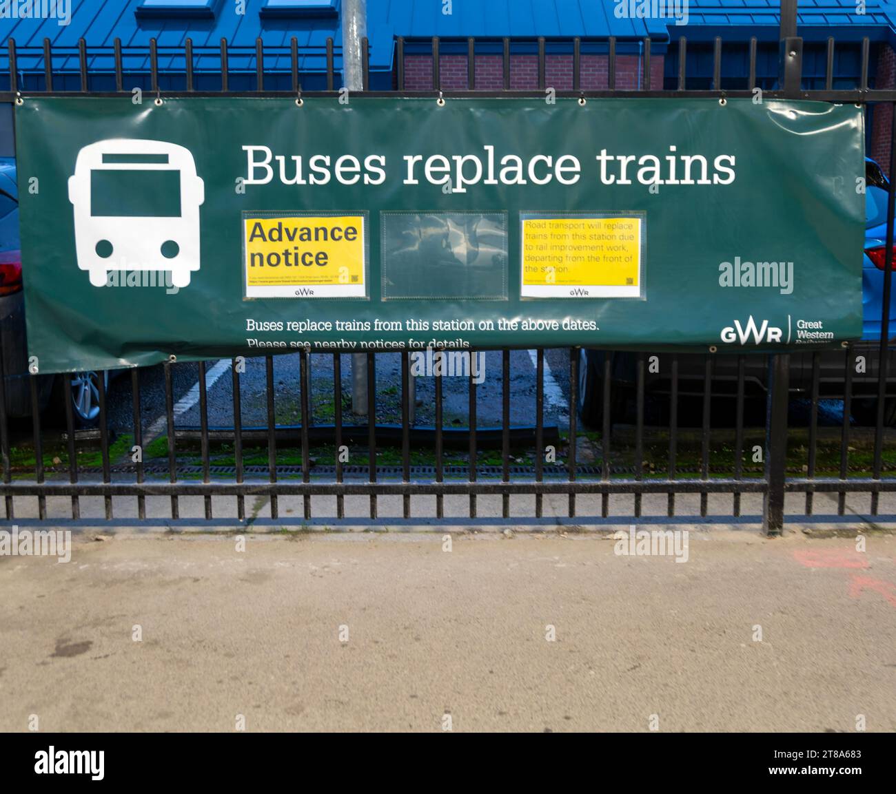 GWR rail replacement banner advance notice, buses replace trains, Newbury railway station ...