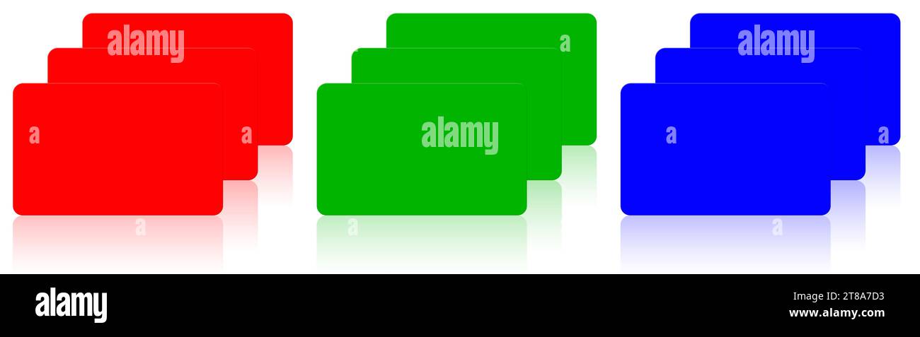Three credit card blank template red, green and blue (RGB) for ...