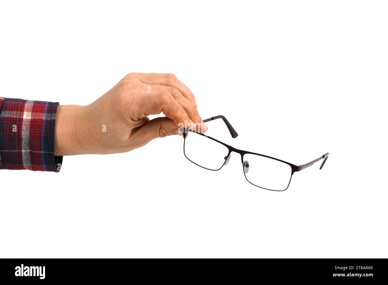 Hand holding plastic black glasses, isolated on white background. High ...