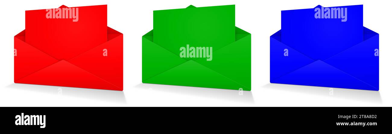 Three Postal envelope blank template red, green and blue (RGB) for ...