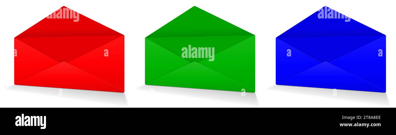 Three Postal envelope blank template red, green and blue (RGB) for ...