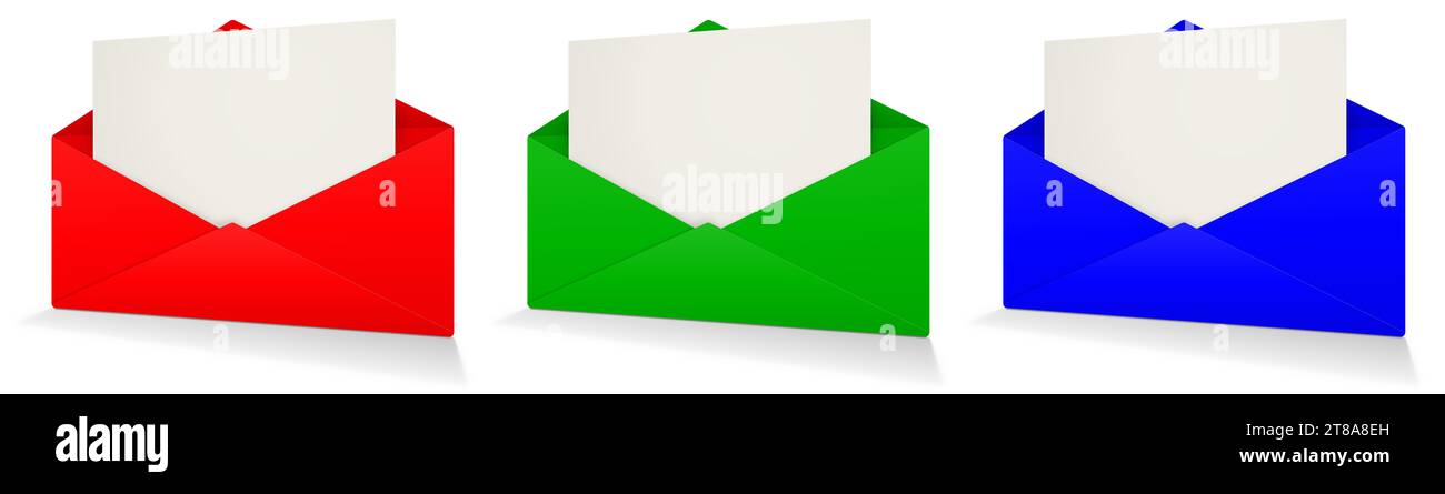 Three Postal envelope blank template red, green and blue (RGB) for ...