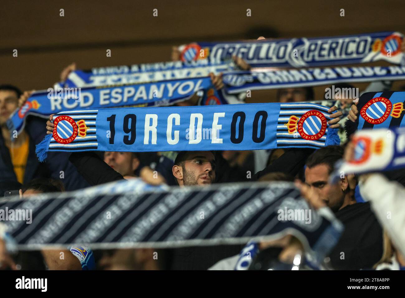 Barcelona, Spain. 18th Nov, 2023. Football fans of Espanyol seen on the ...