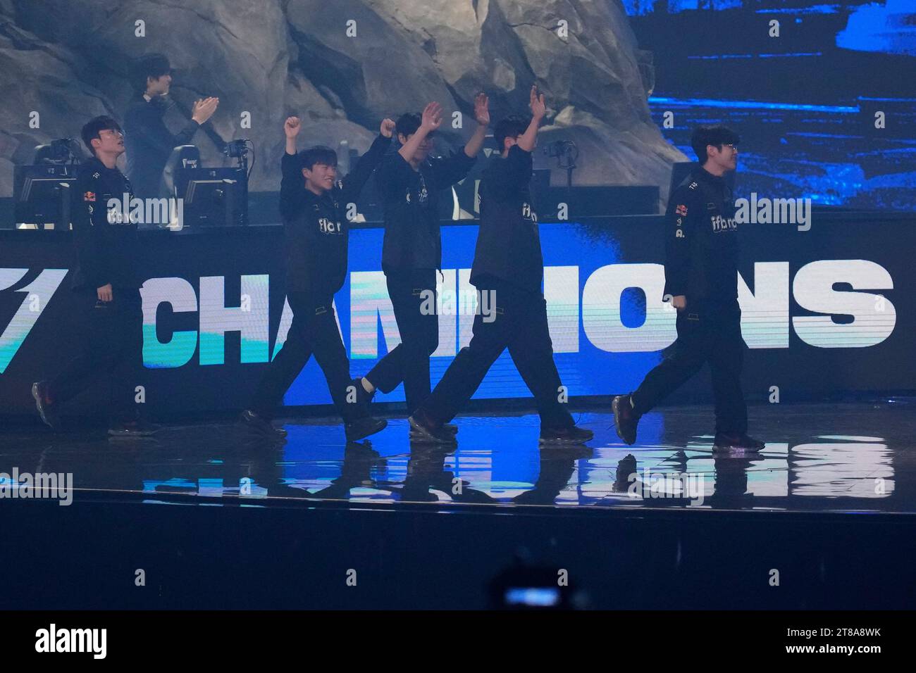 Members of team T1 celebrate after winning the finals stage of the 2023 ...