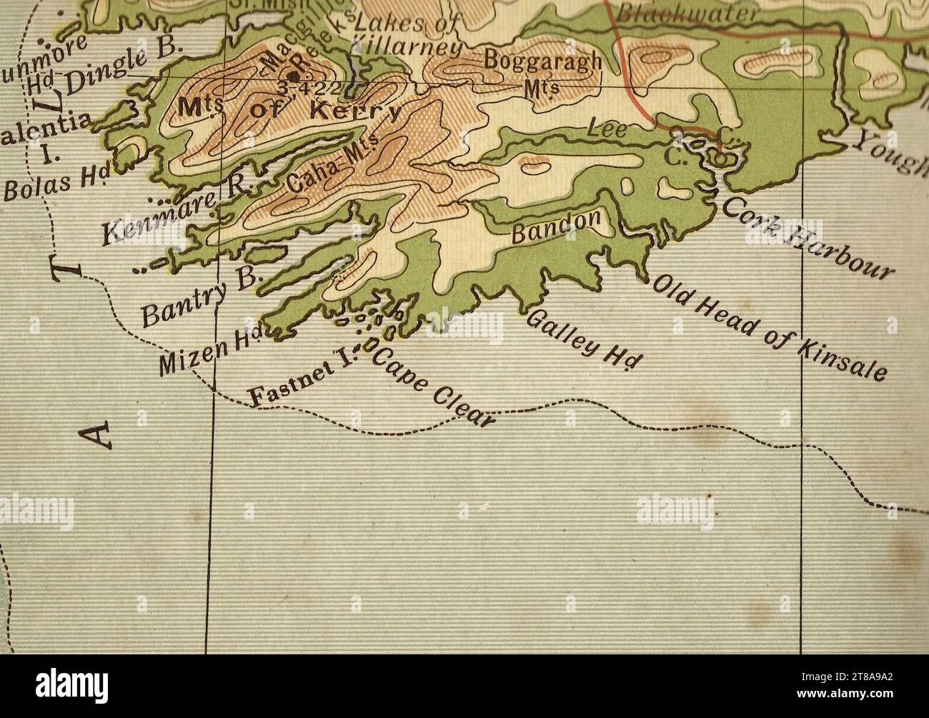 An antique geographical sepia coloured map of Ireland and the south ...