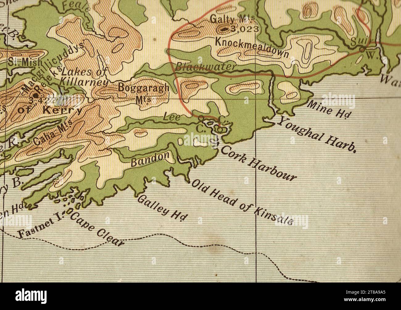 An antique geographical sepia coloured map of Ireland showing the south ...