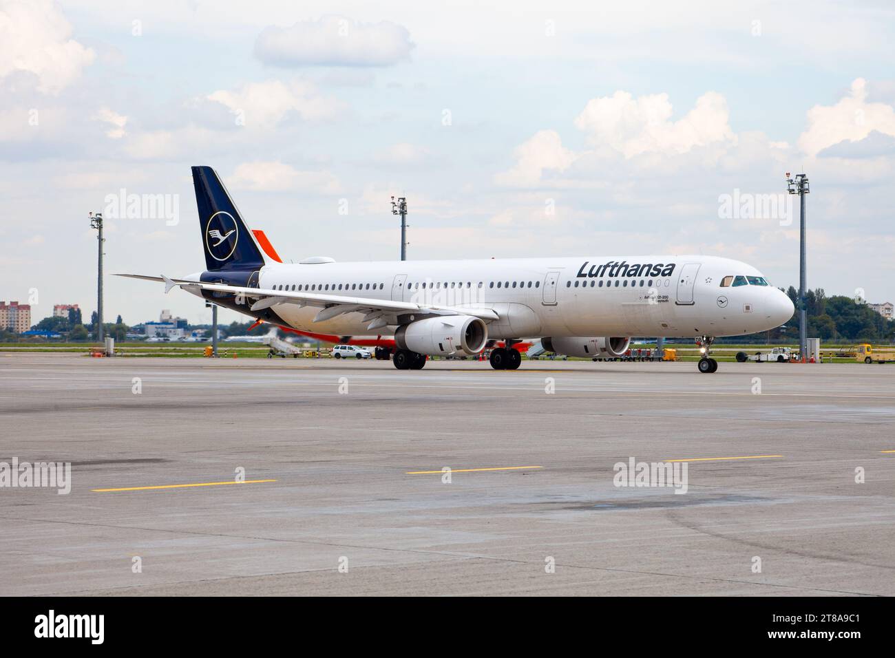 Passenger plane of the German airline Lufthansa D-AIDB. Airport apron ...
