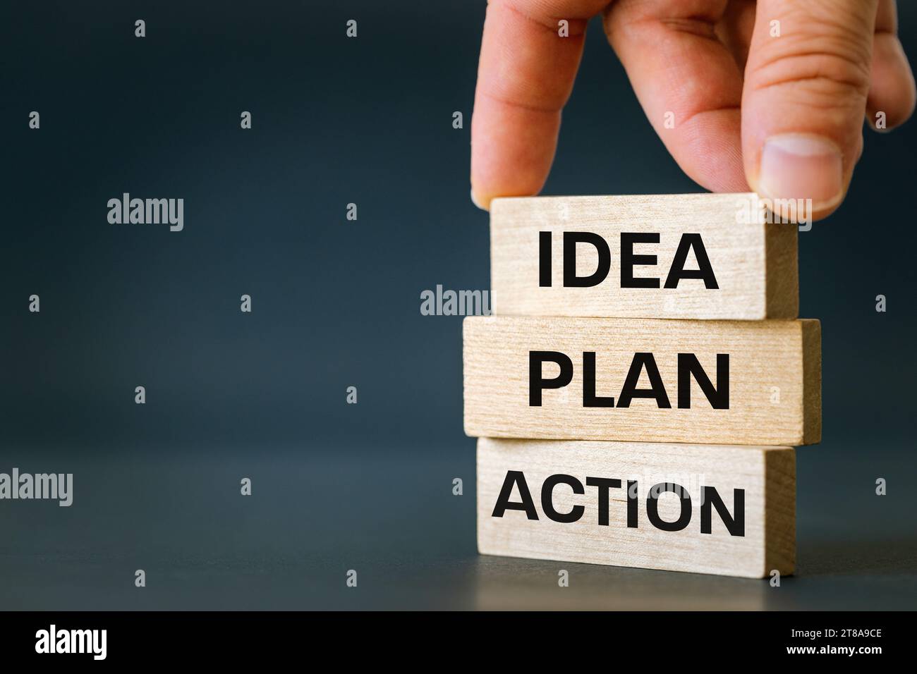 Idea action plan symbol. Hand arranging wooden blocks with the words ...