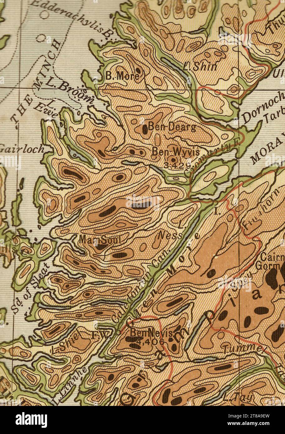 An antique geographical sepia coloured map of Scotland showing the ...