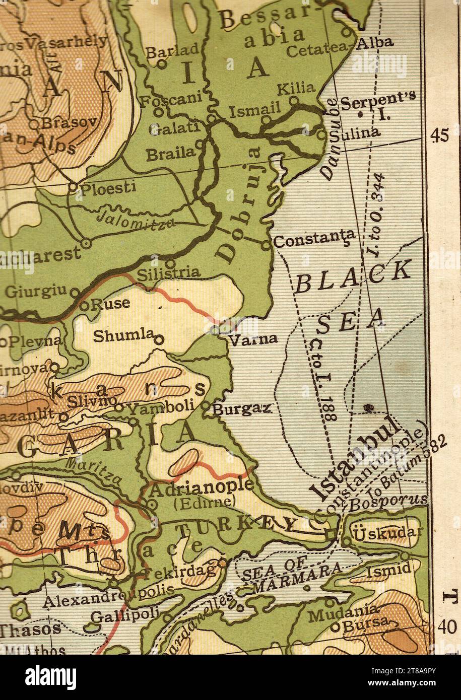 Antique geographical map in sepia of Istanbul, Turkey and the Black Sea ...