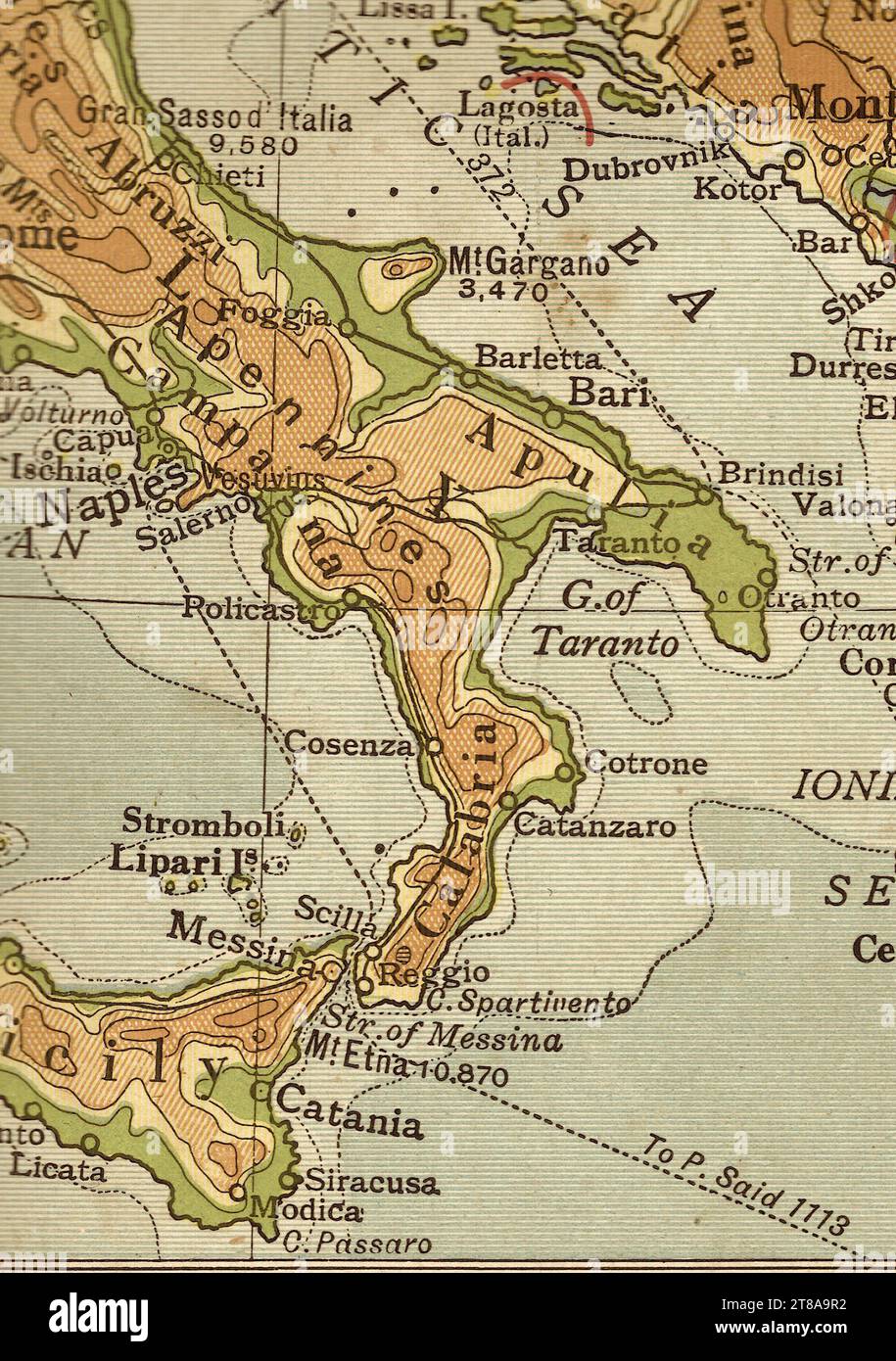 Antique geographical map in sepia of southern Italy and Sicily Stock ...