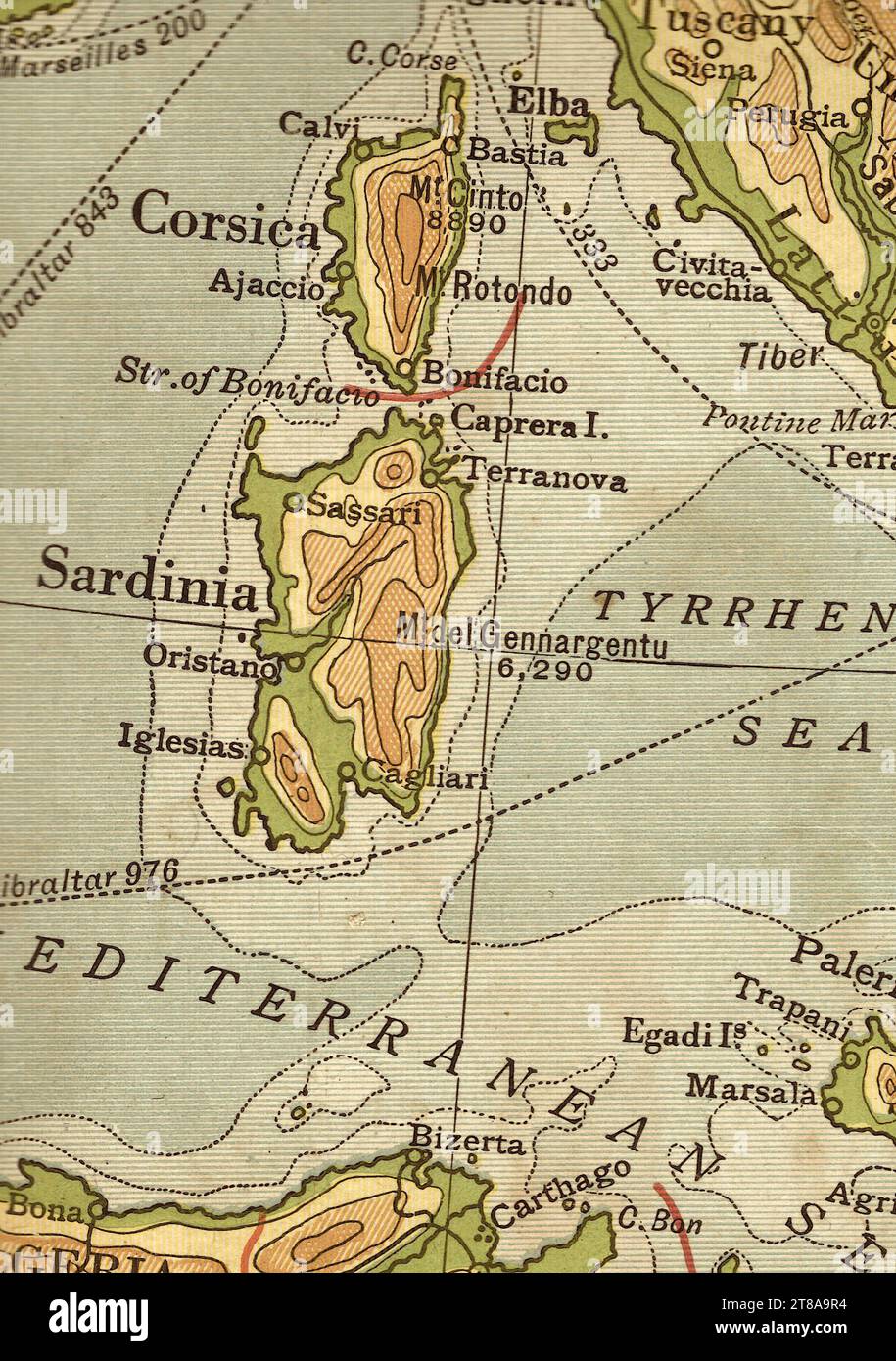 Antique geographical map in sepia of Sardinia and Corsica Stock Photo ...