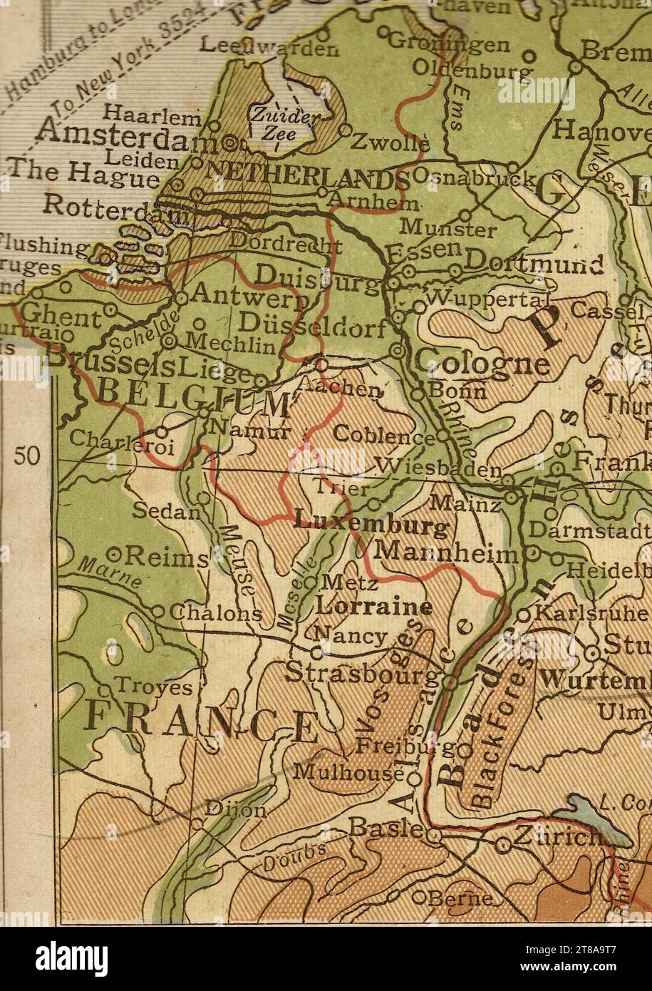 Antique geographical map in sepia of France, Belgium and the ...