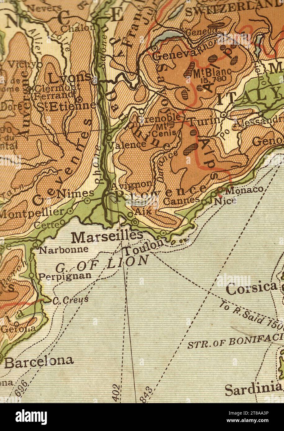 Antique geographical map in sepia of Barcelona and the east coast of ...