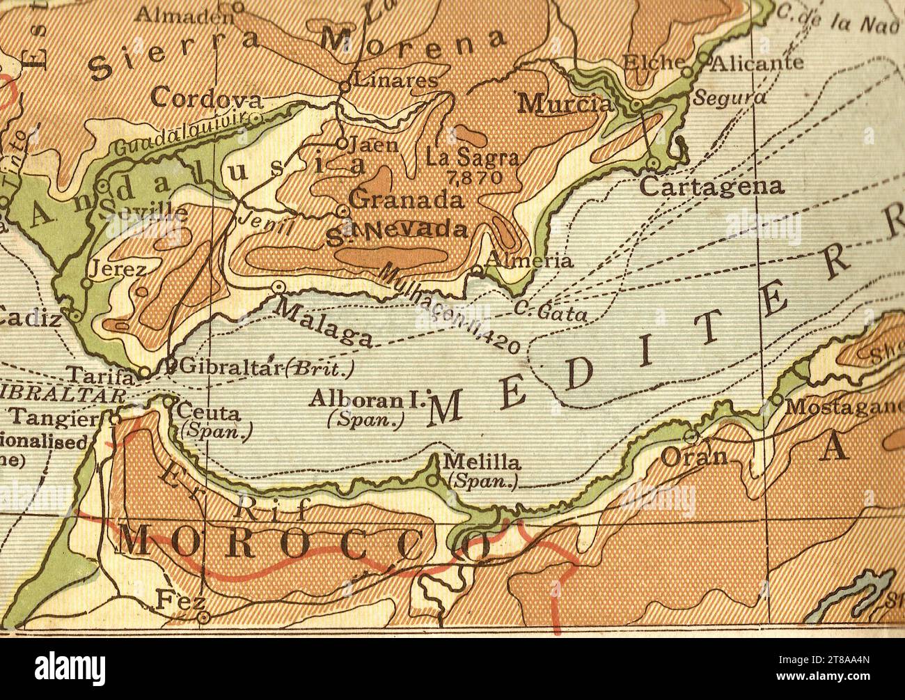 Antique geographical map in sepia of Southern Spain and Morocco Stock ...