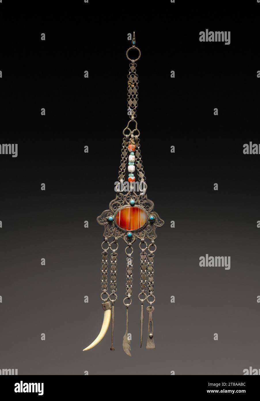 Chatelaine with Toilet Articles, 1800s. Tibet. Silver with cornelian ...