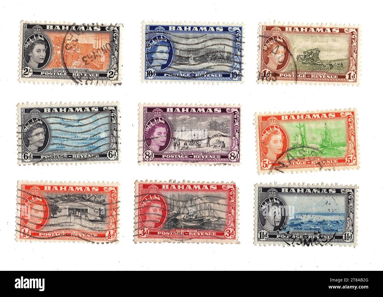 A set of vintage postage stamps from the Bahamas isolated on a white ...