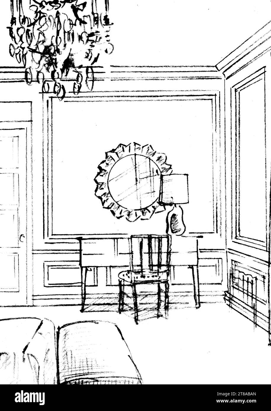 Mirror and dressing table detail from a black and white interior ...