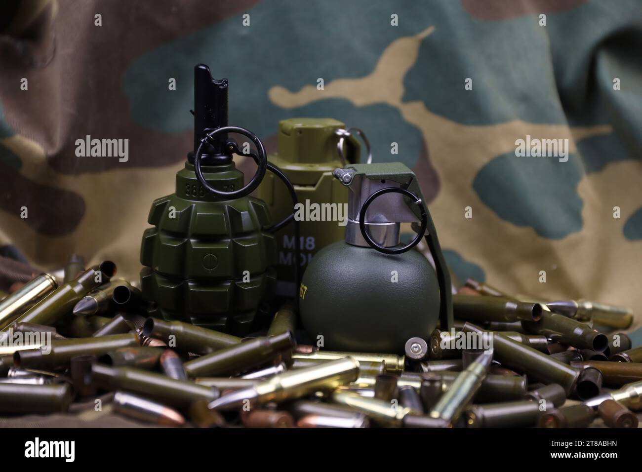 Different types of ammunition and grenades on a camouflage background ...