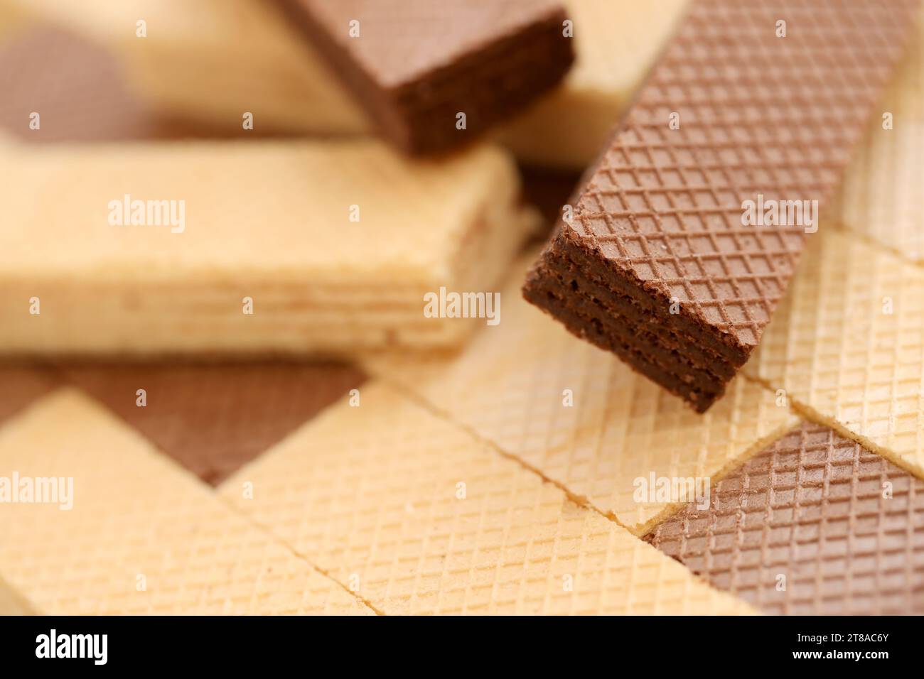 Stacked delicious chocolate wafers in large amount. Two different ...