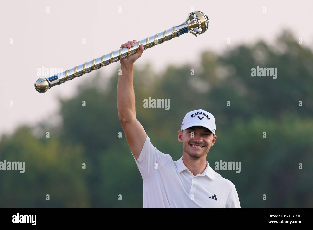 Nicolai Hojgaard of Denmark poses with his trophy after the won the ...