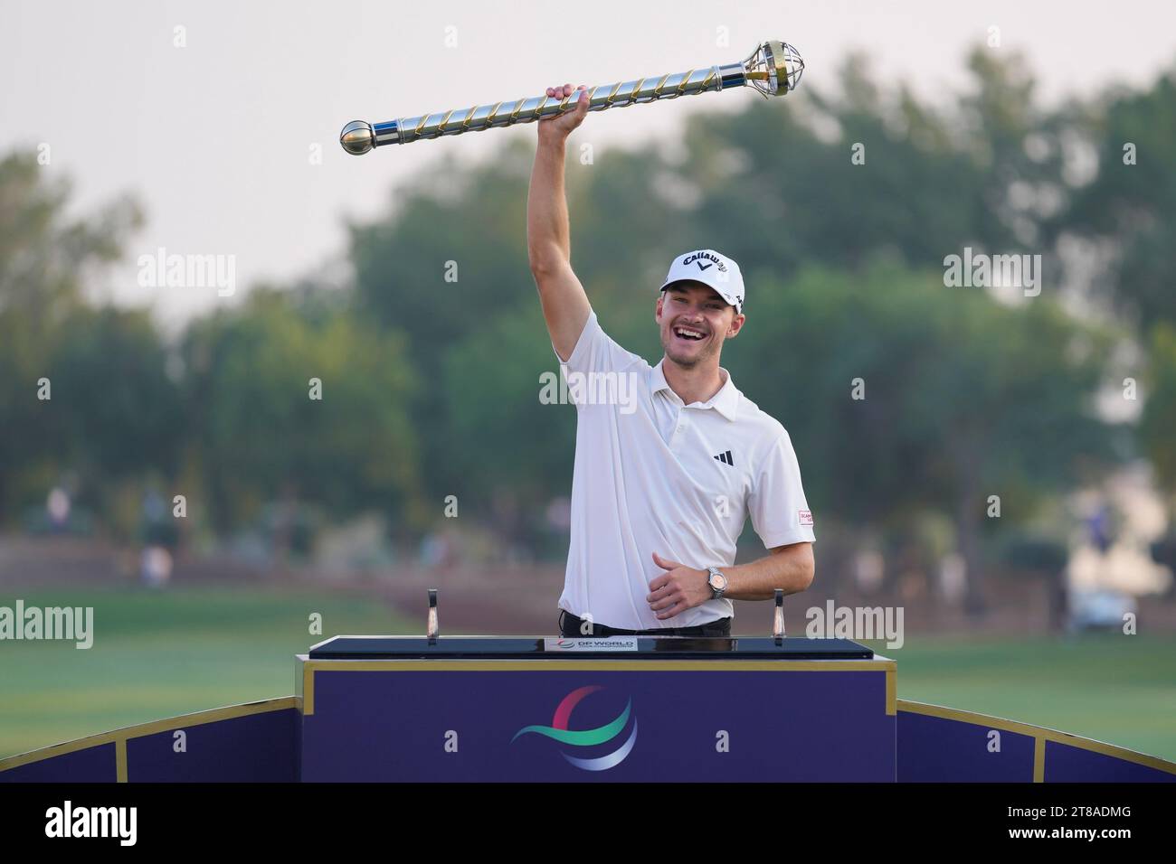 Nicolai Hojgaard of Denmark poses with his trophy after the won the ...