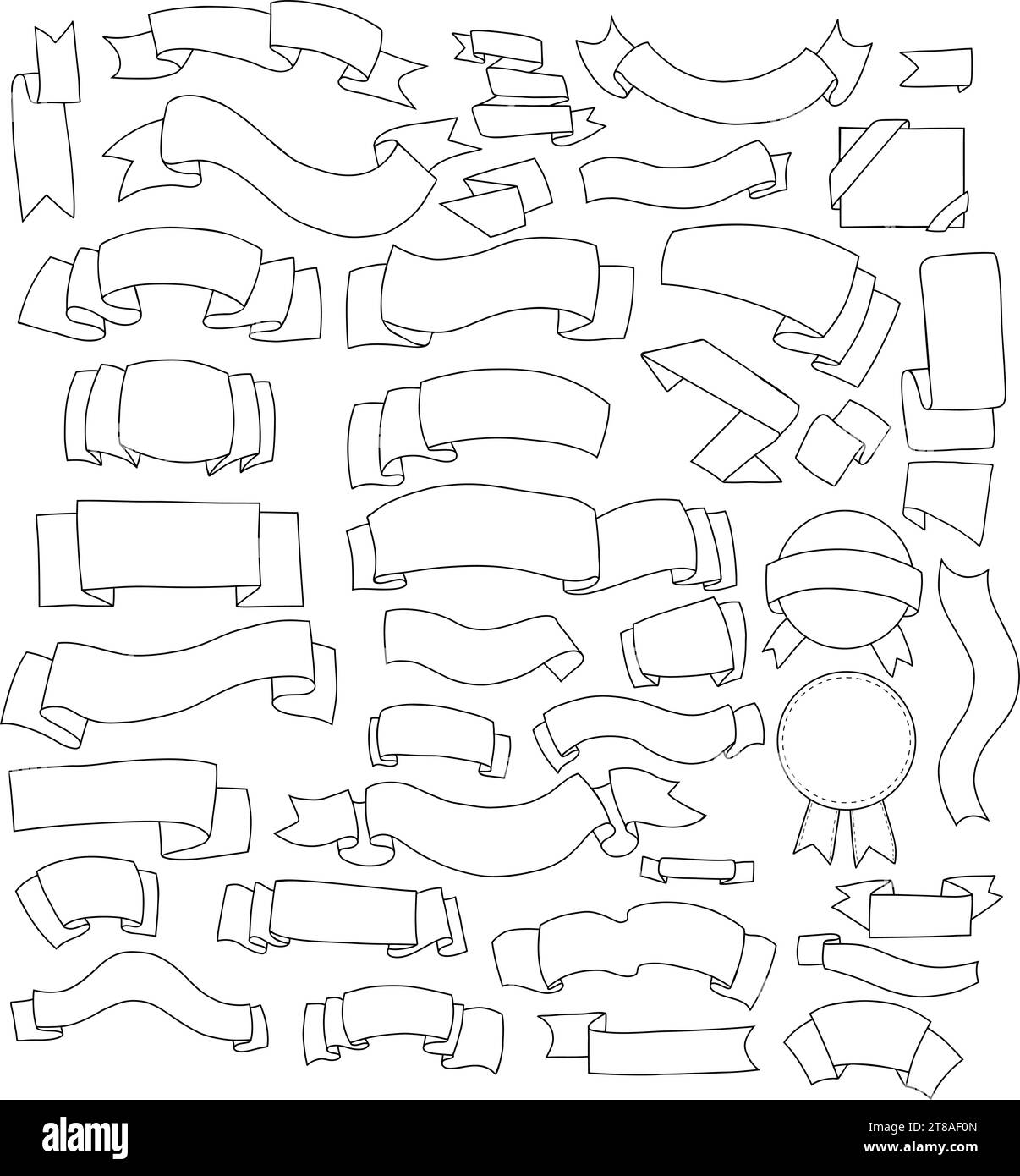 Big collection of ribbon banners. Isolated vector hand drawn linear ...