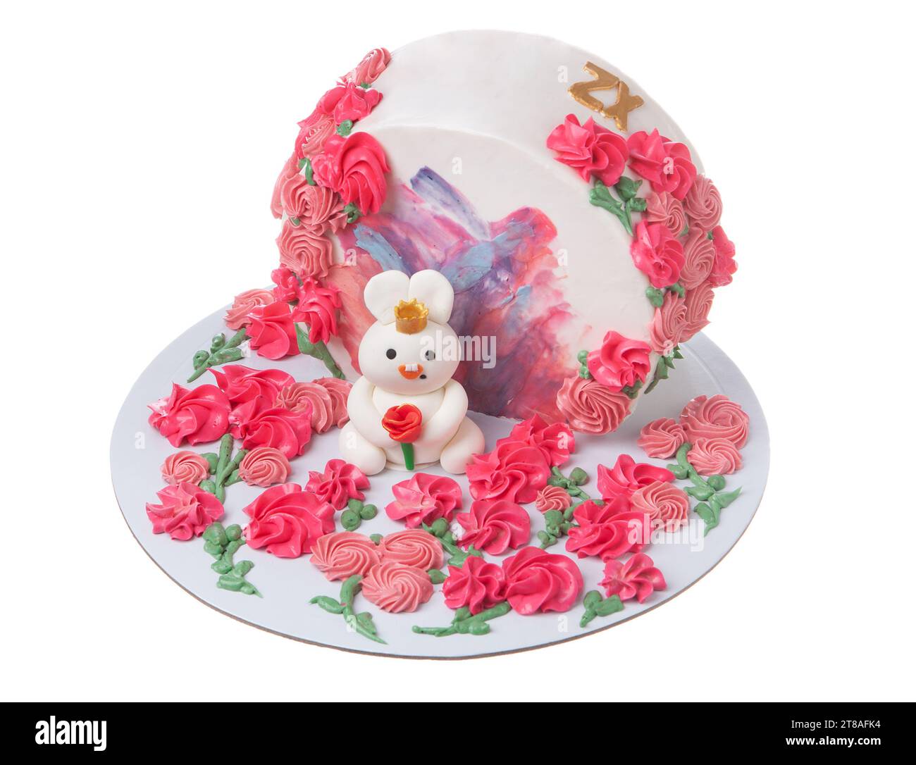 Original standing mastic cake with a bunny and rose flowers on a white ...