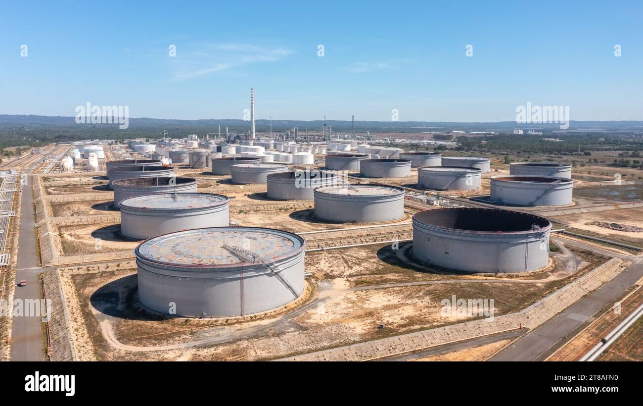 Portugal Sines oil terminal storage tanks, aerial view, oil and gas ...