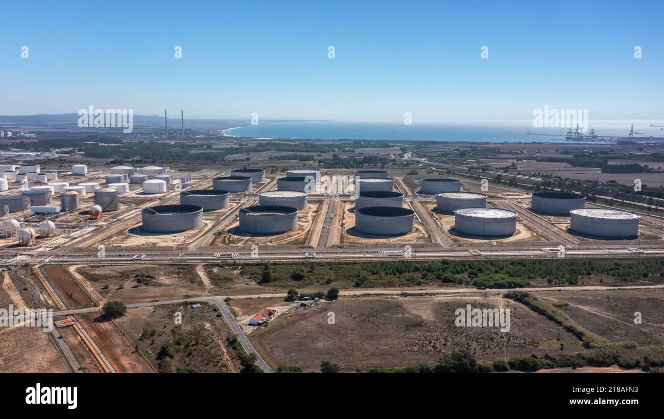 Portugal Sines oil terminal storage tanks, aerial view, oil and gas ...