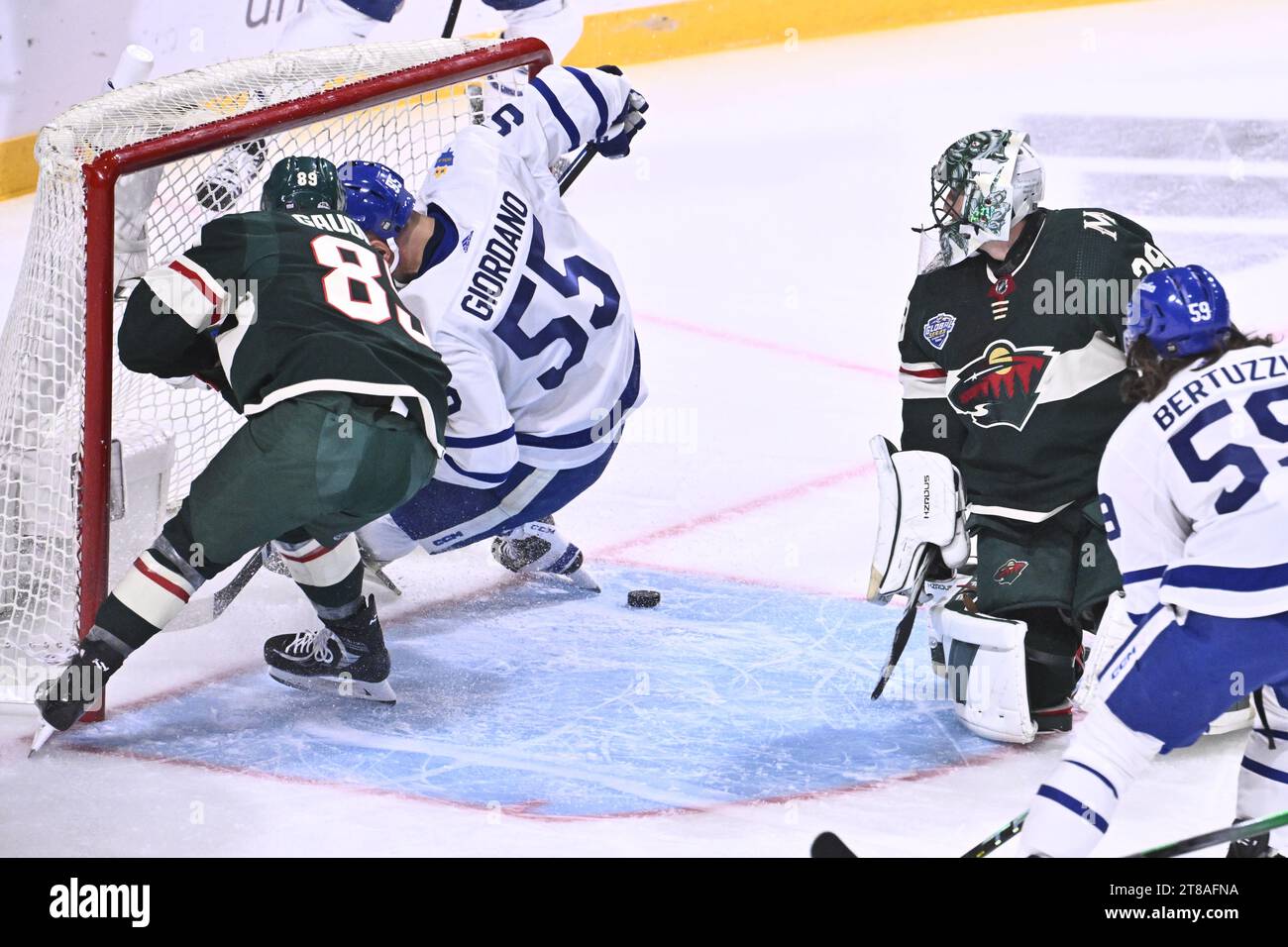 Stockholm, Sweden. 19th Nov, 2023. Minnesotas Frederick Gaudreau (L ...