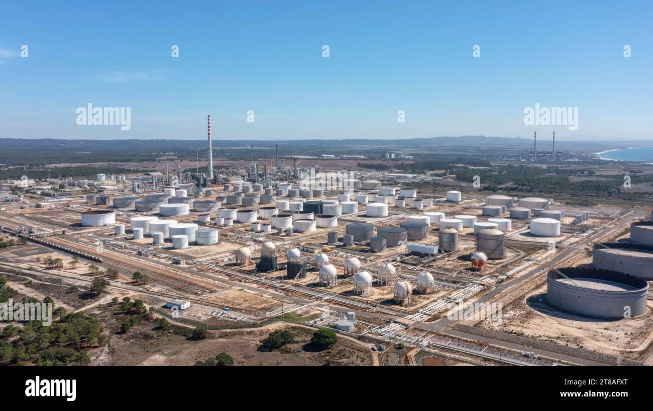 Portugal Sines oil terminal storage tanks, aerial view, oil and gas ...