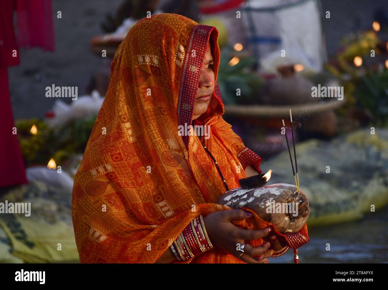 Guwahati, Guwahati, India. 19th Nov, 2023. Devotees offer prayer to Sun ...
