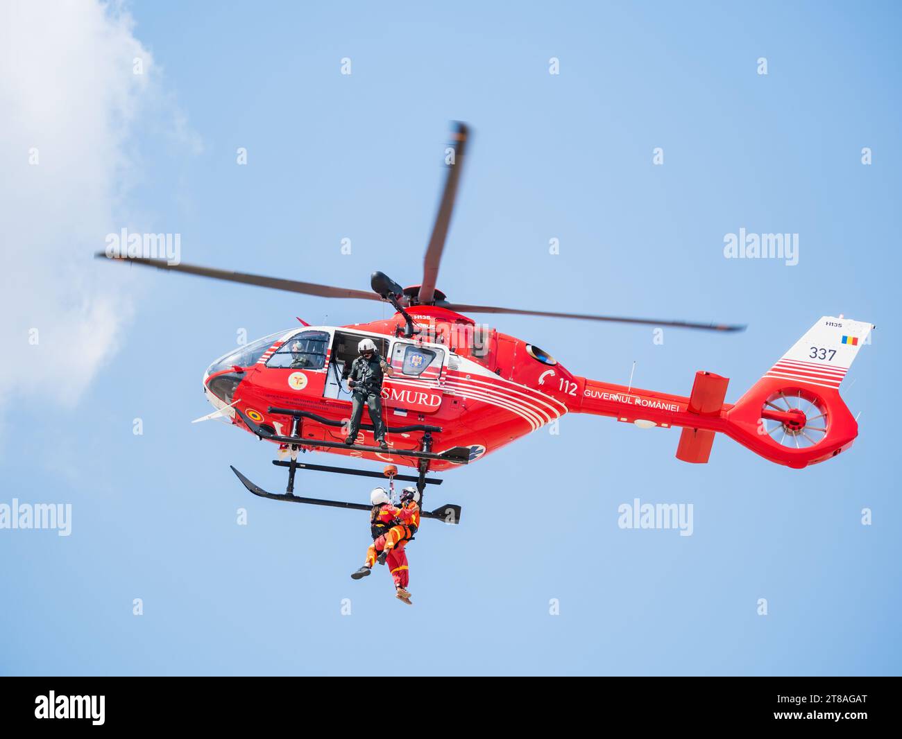 Bucharest, Romania -August 2023: SMURD helicopter flying against blue ...