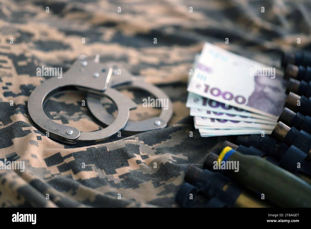 Ukrainian army machine gun belt shells, handcuffs and bunch of hryvnia ...