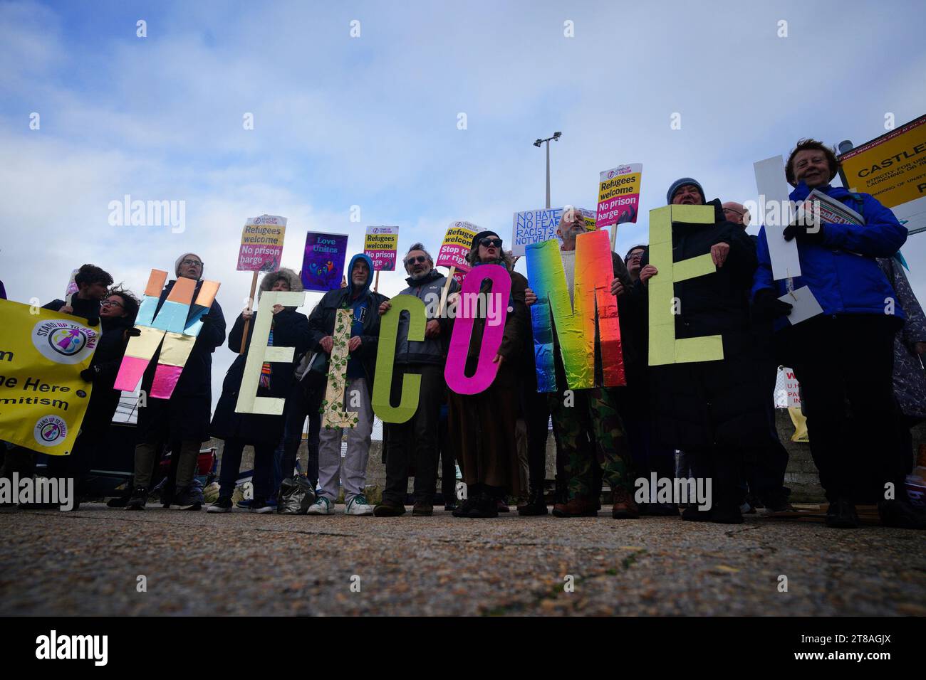 People taking part in a counter protest outside Portland Port during a ...