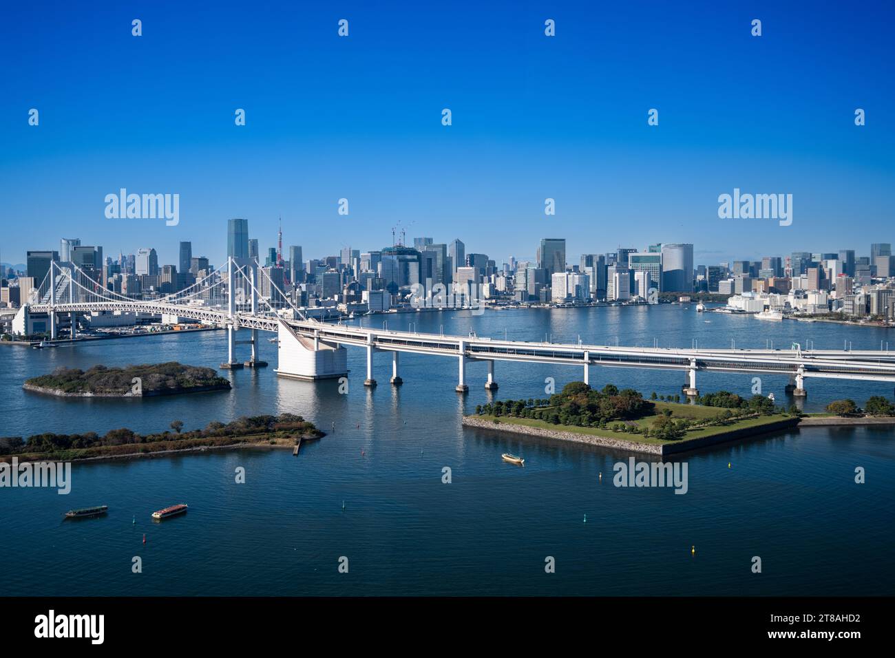 View of Odaiba with Rainbow bridge with tokyo skyline as background in ...