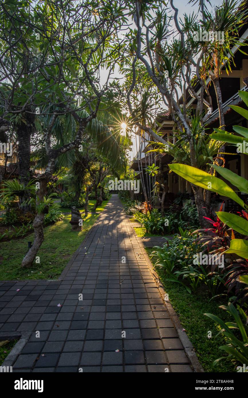 Park area with tropical plants and traditional statues of the Hindu ...