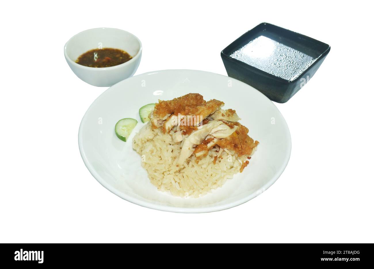 steamed rice topping chop crispy fried chicken on plate with chili ...